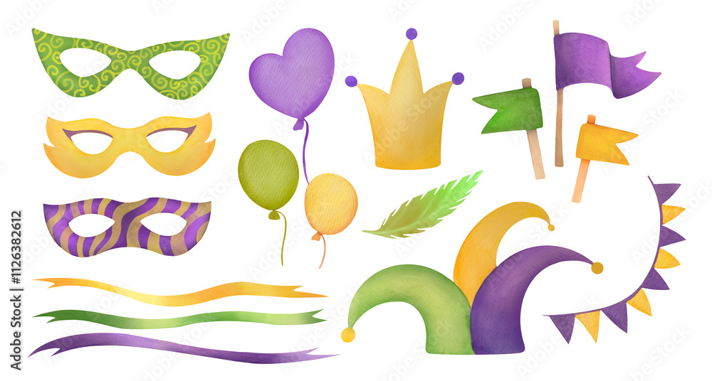 mardi gras set. carnival festive illustrations with masks, jester's hat ...