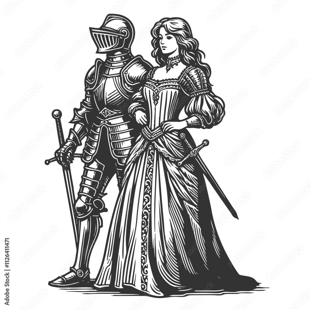 knight in full armor alongside a noble lady in a flowing medieval gown ...