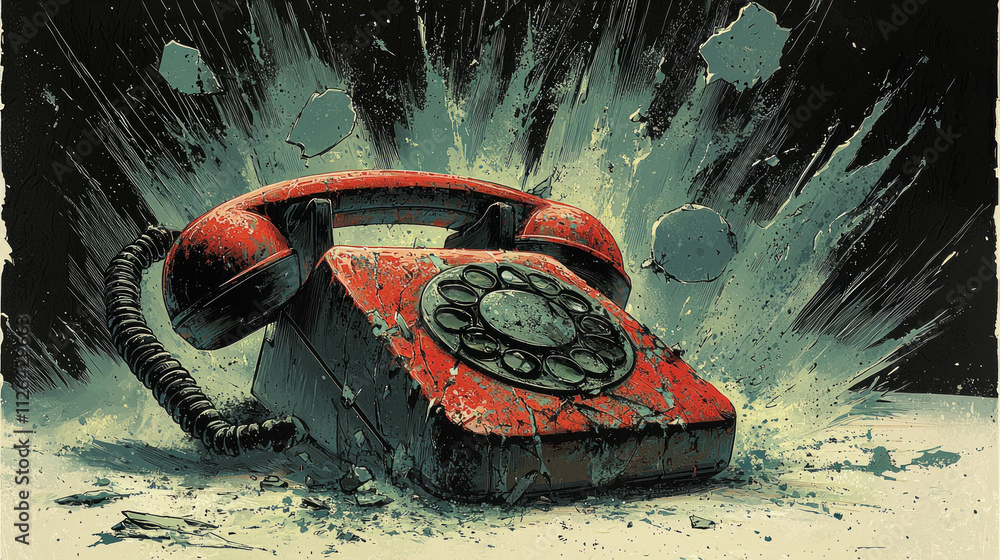 symbolic illustration shows cracked red telephone surrounded fragmented ...