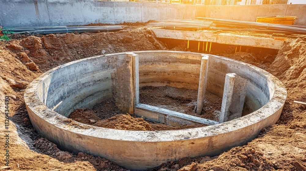 Construction site foundation preparation with circular concrete ...