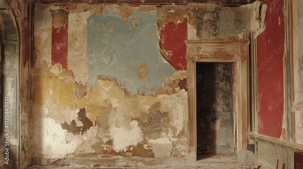 Aged wall interior with peeling plaster showcasing decay and ...