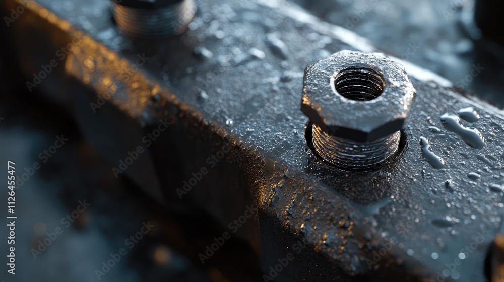 Closeup of rusted iron nuts and bolts with water droplets showcasing ...