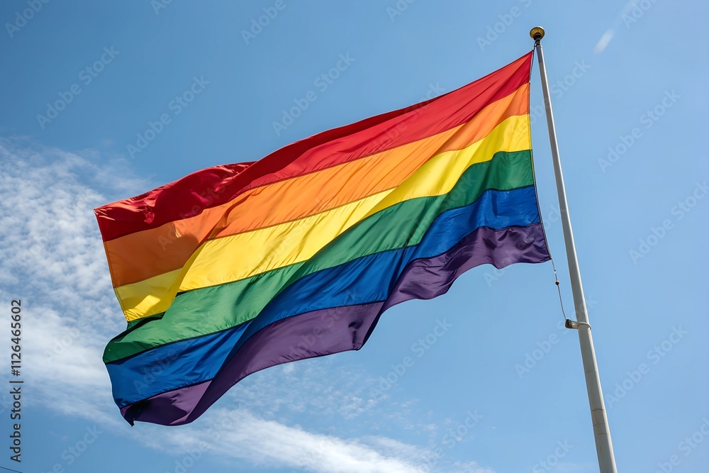 A vibrant LGBT rainbow pride flag waves proudly against a clear blue ...