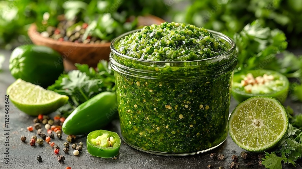 jar fresh green Salsa Verde showcases its chunky texture and vibrant ...