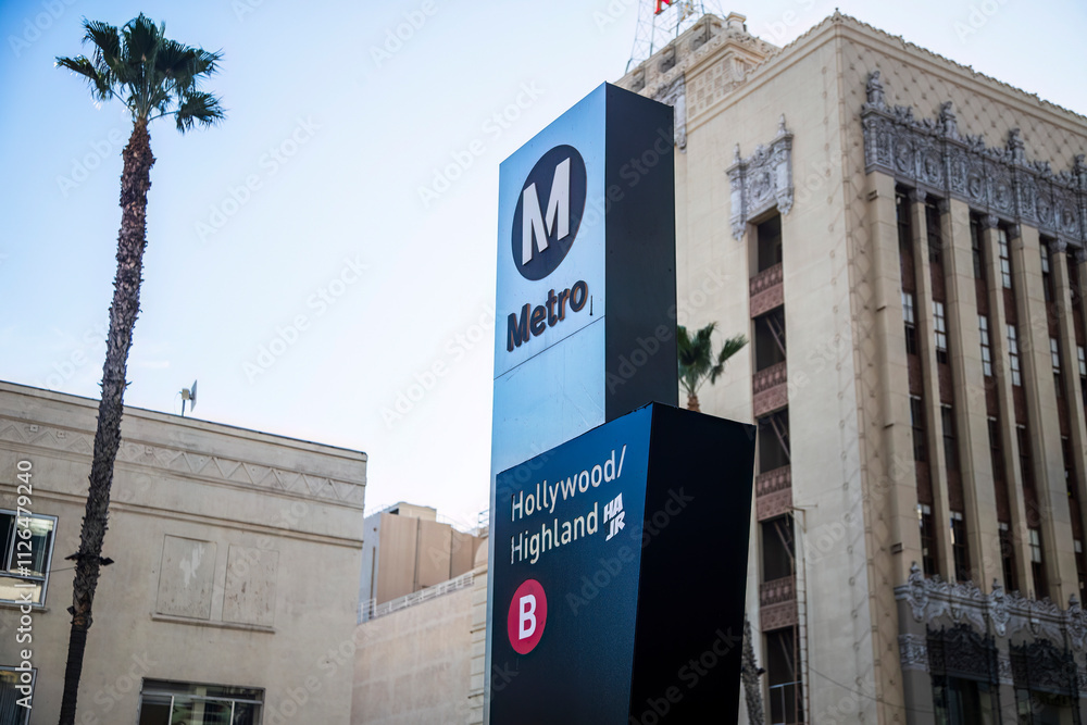 The Hollywood Highland Metro Station sign with a "B" line indicator ...