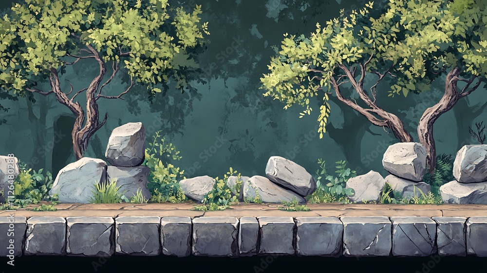 Forest Path Seamless Border. Game Background. Nature, Trees, Rocks ...