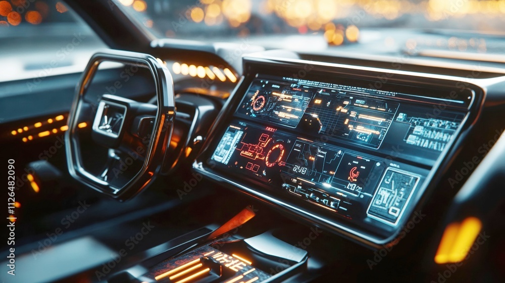 Futuristic car dashboard with digital display showing high-tech ...