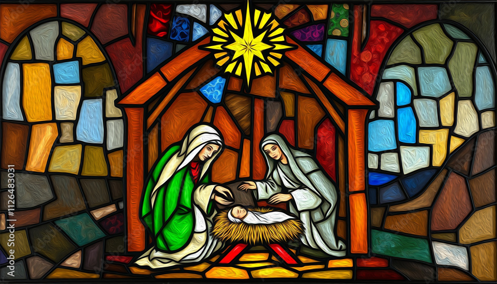 Stained glass window. The Nativity of Jesus. Christmas card design ...
