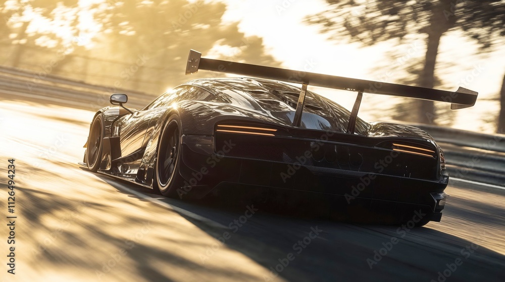 Black racing supercar photographed at golden hour on racetrack. Dynamic ...