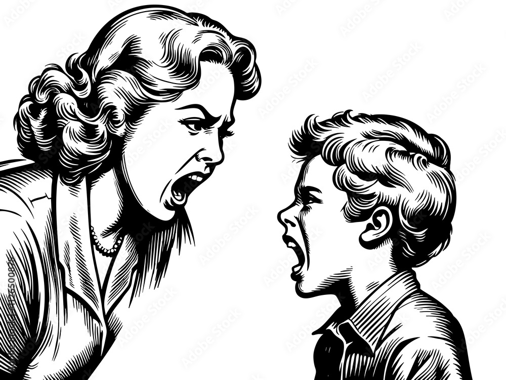 angry mother yelling at her young son, tense moment of discipline and frustration sketch ...