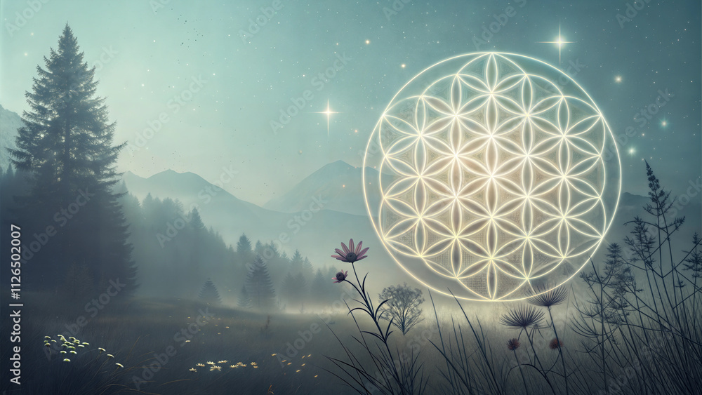 Abstract Flower of Life illustration with glowing patterns in a serene ...