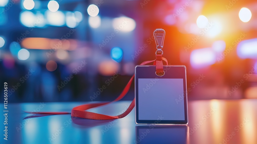 Blank event name tag with red ribbon on a reflective surface, blurry ...