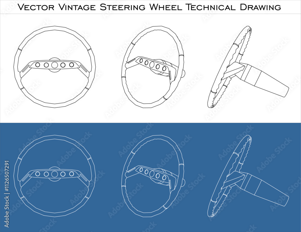 Vintage Car Steering wheel vector line technical drawing set. blueprint ...