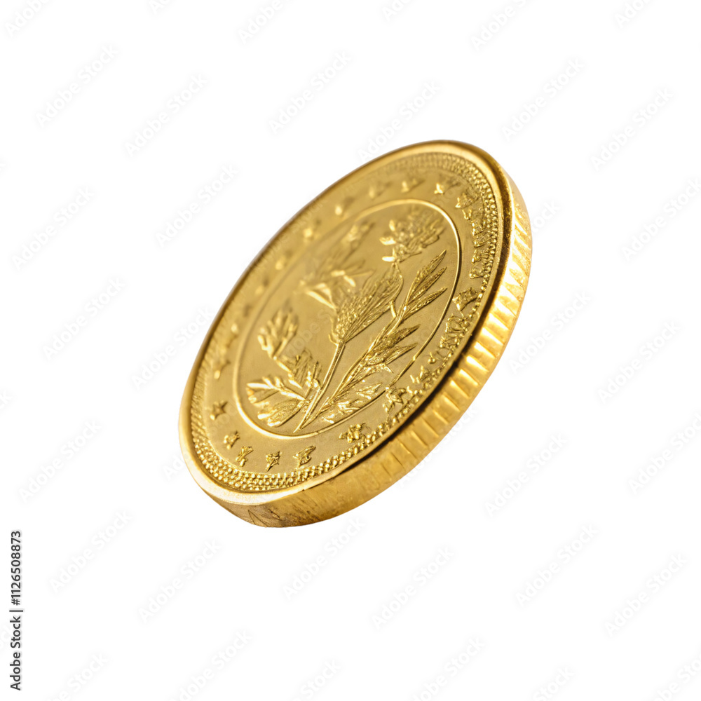An elegantly designed gold coin with floral patterns and a star ...