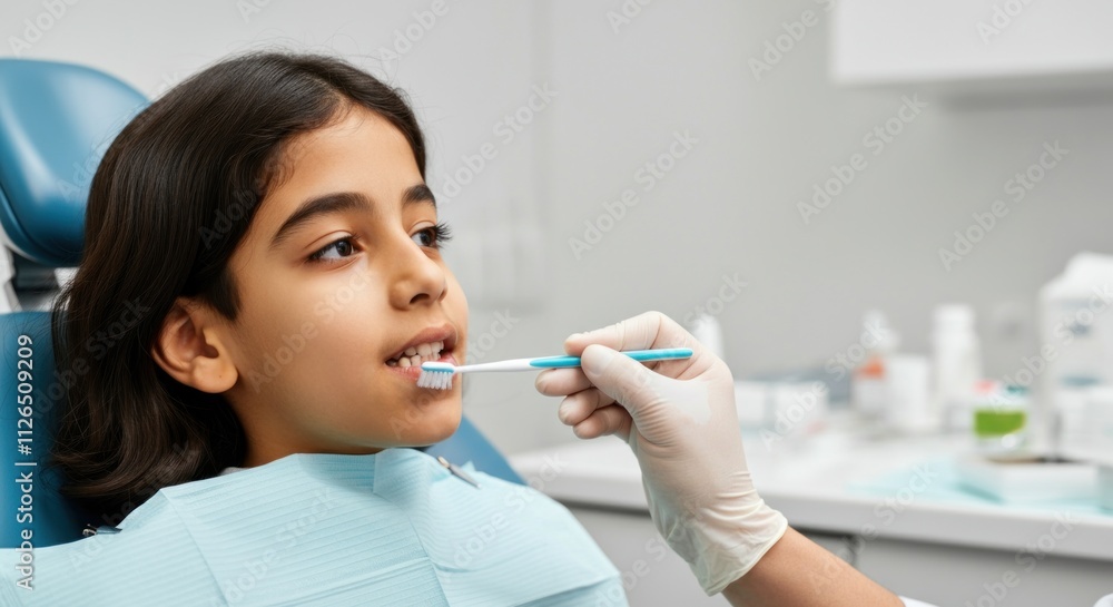 A Middle Eastern child, around 9 years old,watches as a dentist's ...