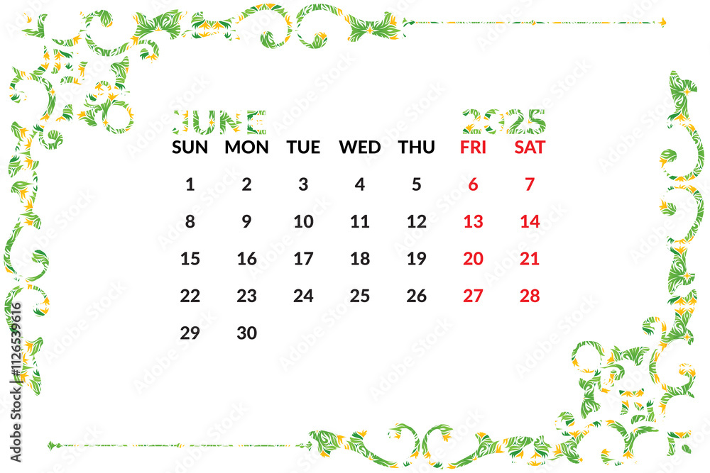 Calendar for June 2025 year. Planner calender template. Week starts ...