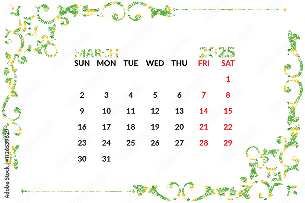 March 2025 year calendar. Week starts Sunday. Planner calender template ...