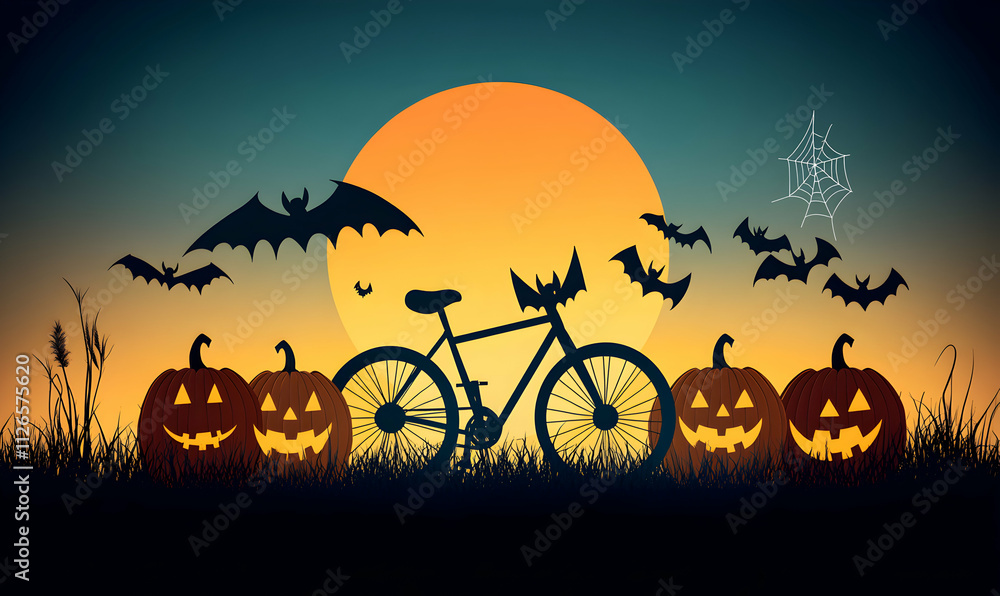 Spooky Halloween bike scene with pumpkins, bats, and a full moon ...