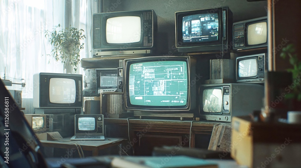 Ilustración de Stock Retro technology surveillance room with multiple vintage TV monitors ...