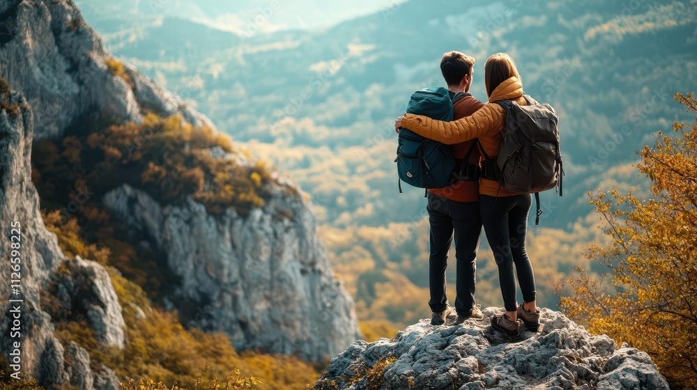 A couple supporting each other while hiking a mountain, symbolizing ...