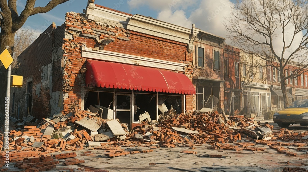 Collapsed brick building with red awning after earthquake damage ...
