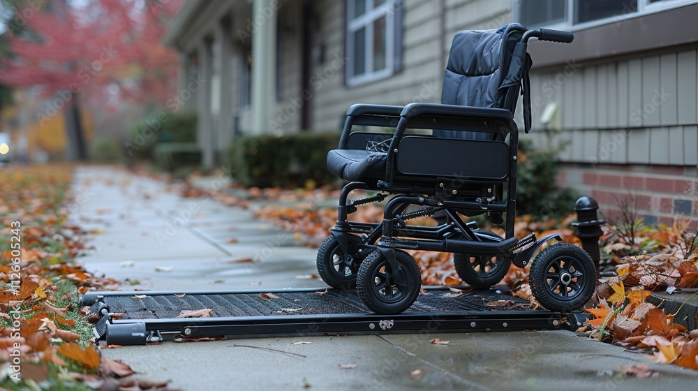 Wheelchair on a ramp ready to navigate autumn leaves in a peaceful ...