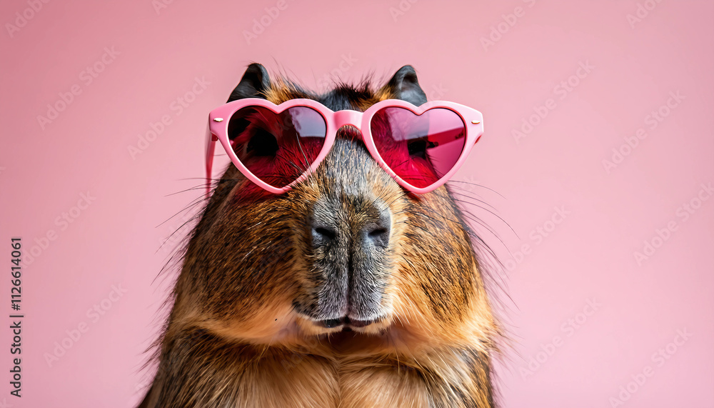 capybara wearing heart-shaped pink sunglasses on an isolated pastel ...