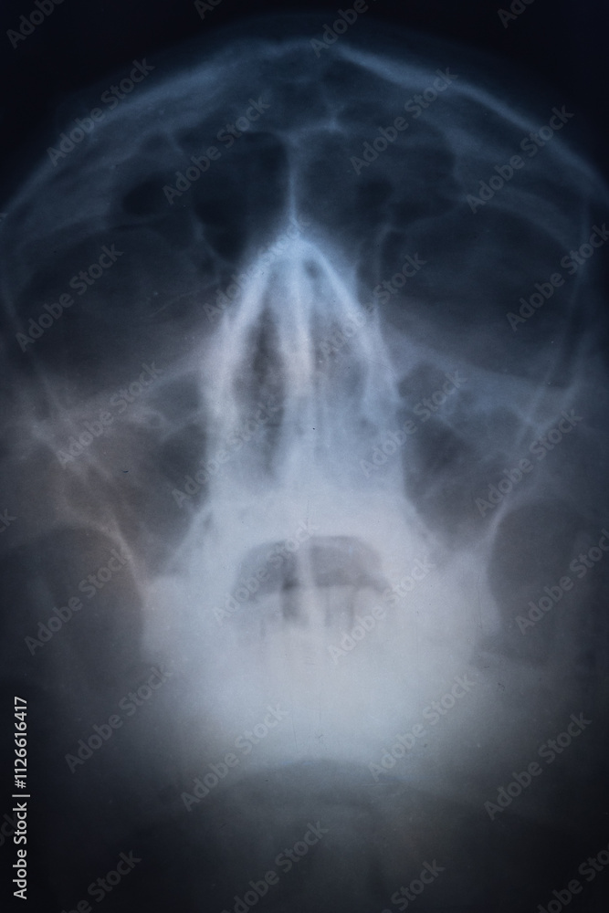 Stock-Foto „Vertical X-ray scan of a human skull. Deviated septum ...