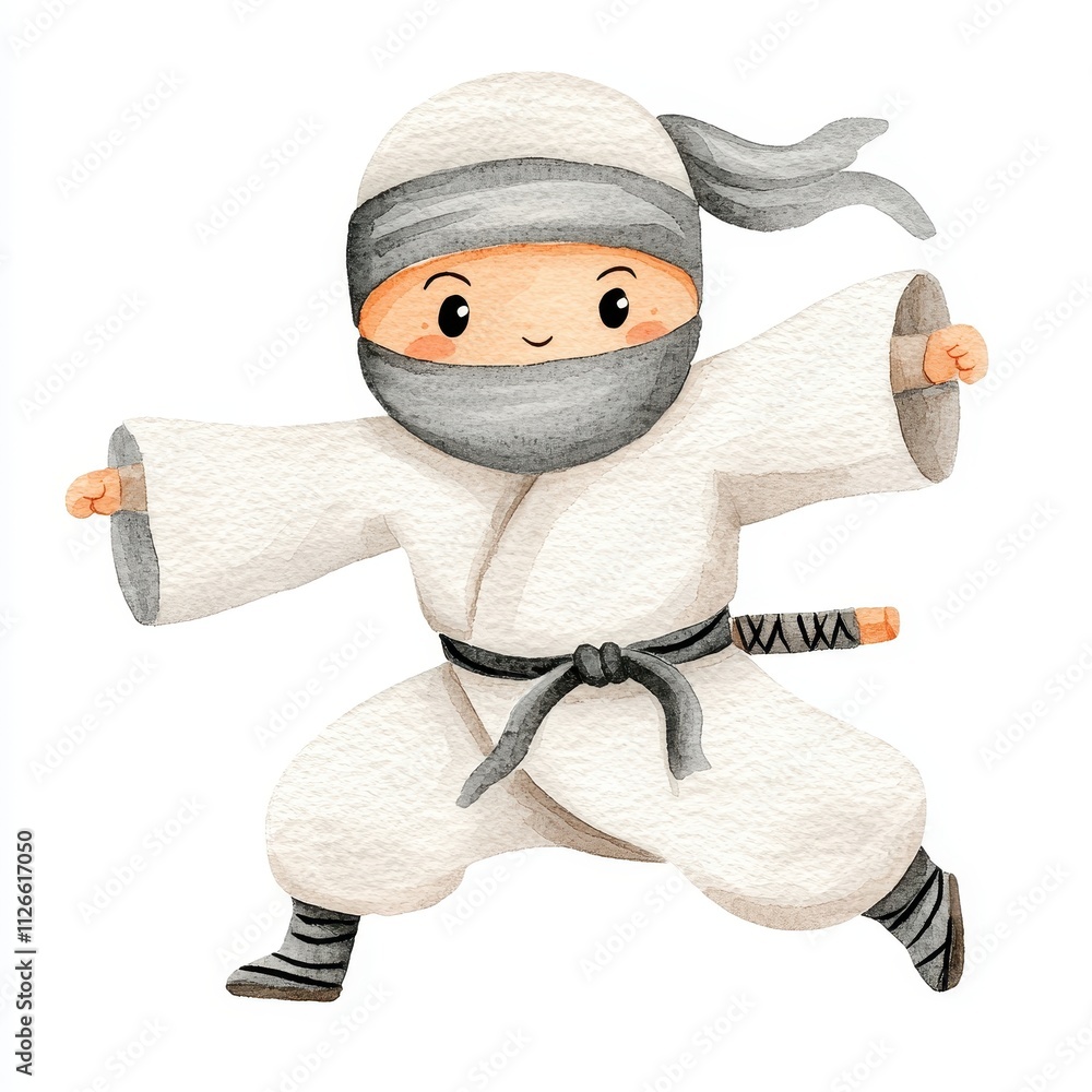 Cute Ninja Kid Watercolor Clipart Cartoon Illustration Martial Arts ...