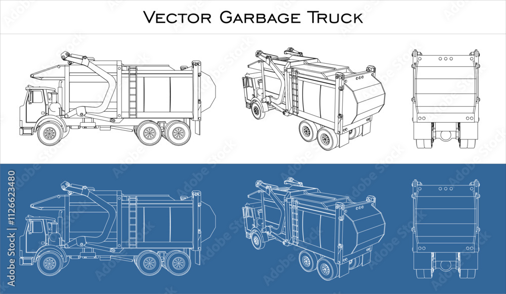 Vector garbage truck set. illustration line drawing blueprint technical ...