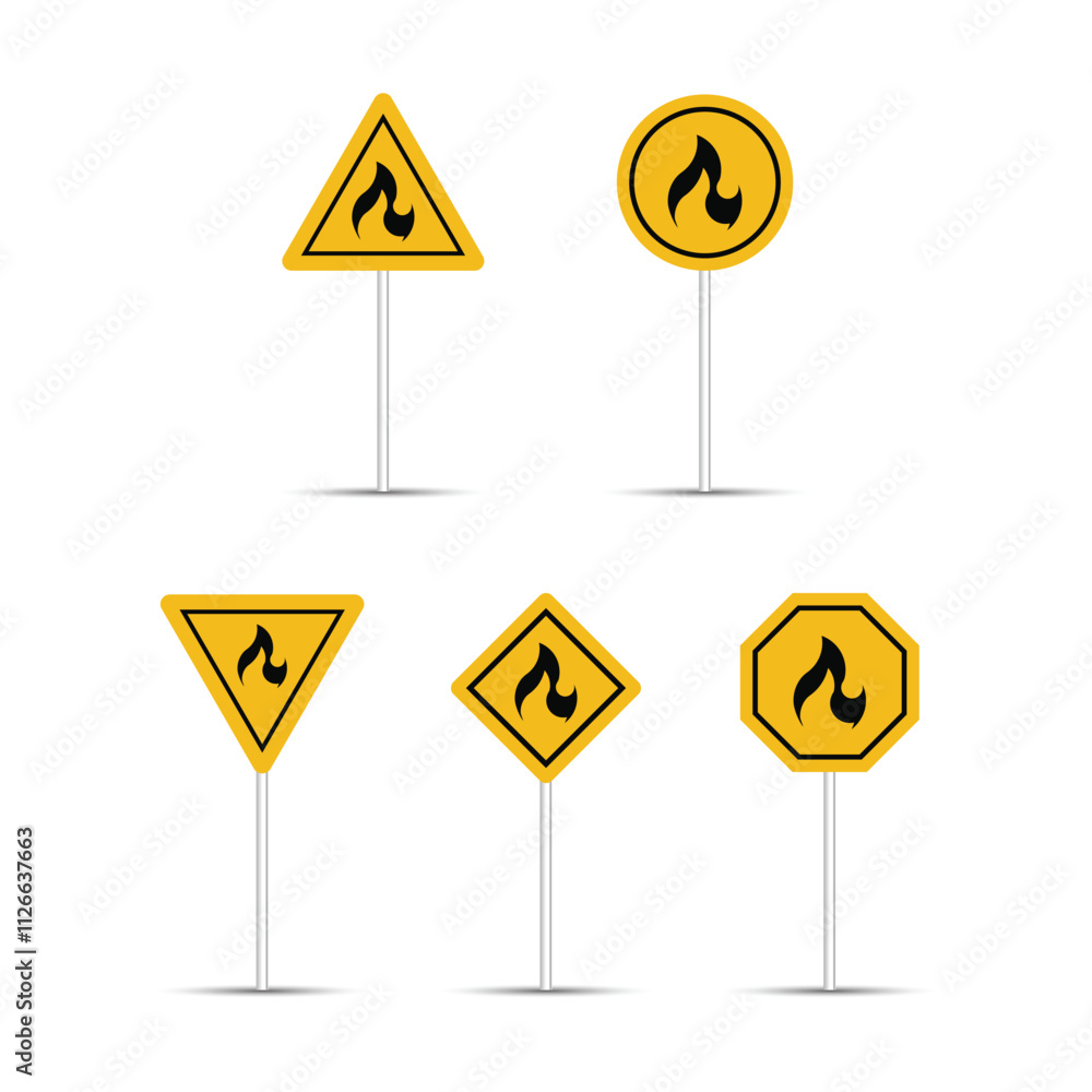 Five different shapes of fire signs are isolated on a white background ...