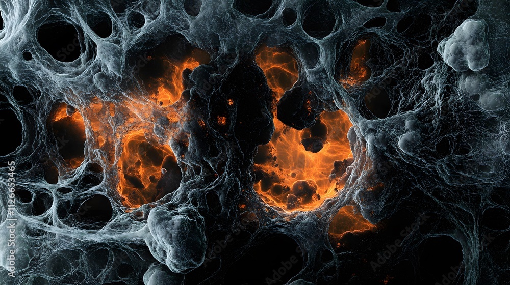 Cancer cells glow like molten metal, their intricate textures bubbling ...