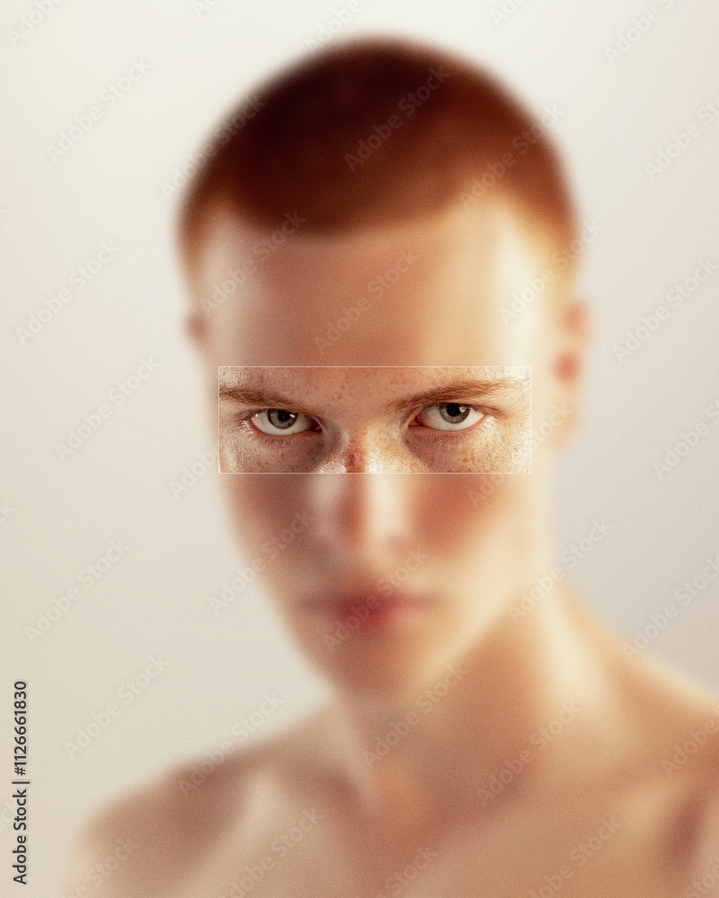 Contemporary art collage. Male face with a focused gaze, highlights the ...