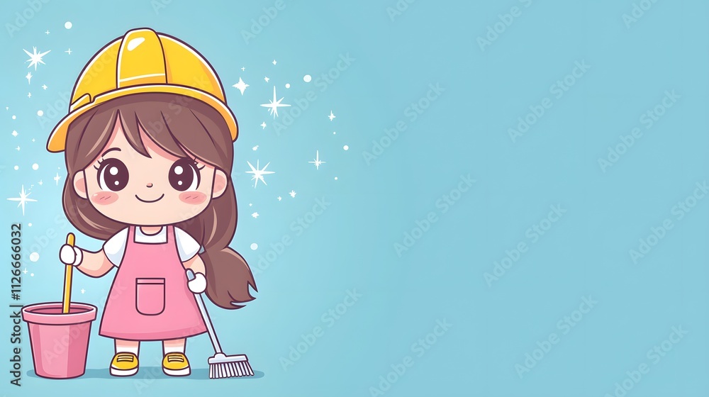 Kawaii-style cartoon mascot of a cleaning lady in pink apron and yellow ...