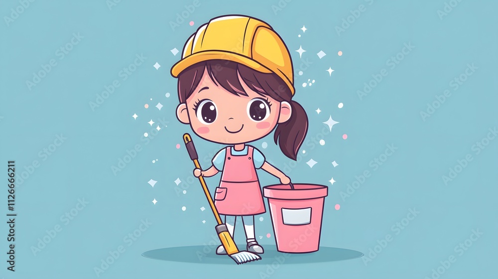 Kawaii-style cartoon mascot of a cleaning lady in pink apron and yellow ...