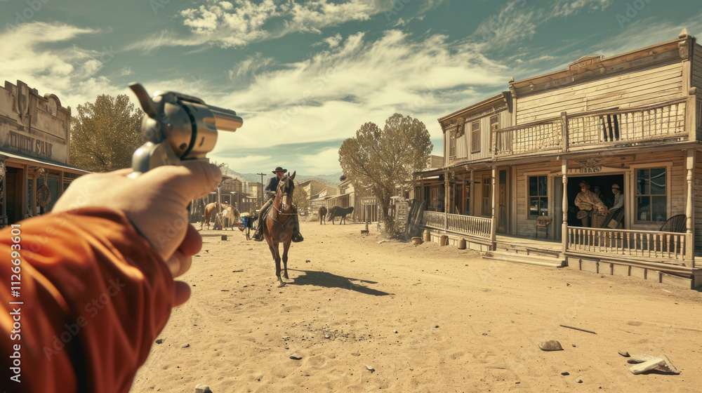 Western town shootout scene with revolver aimed at horseman. First ...