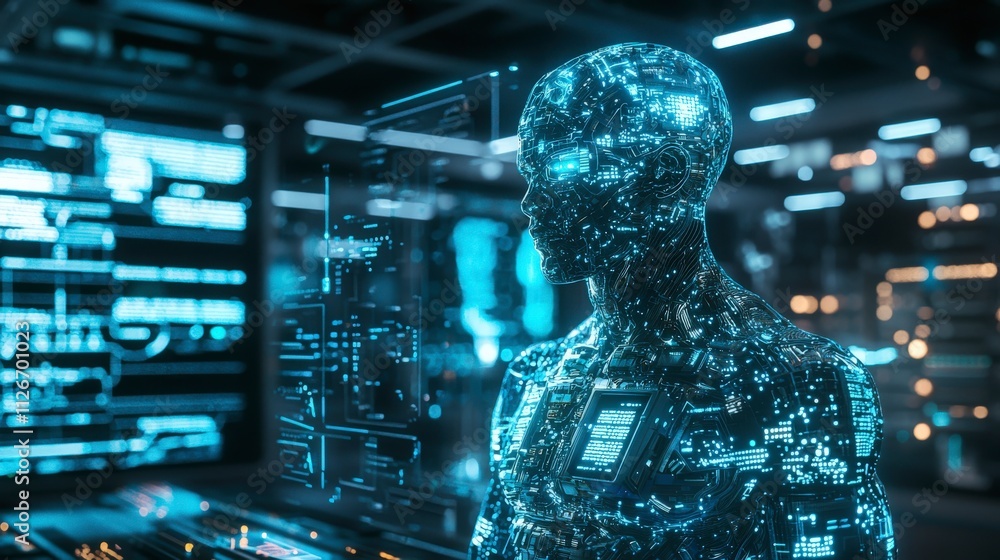 Artificial intelligence humanoid in a sci-fi environment futuristic lab ...