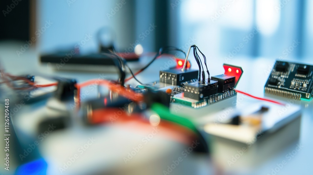 Close-up of electronic components and wiring in an industrial IoT lab ...