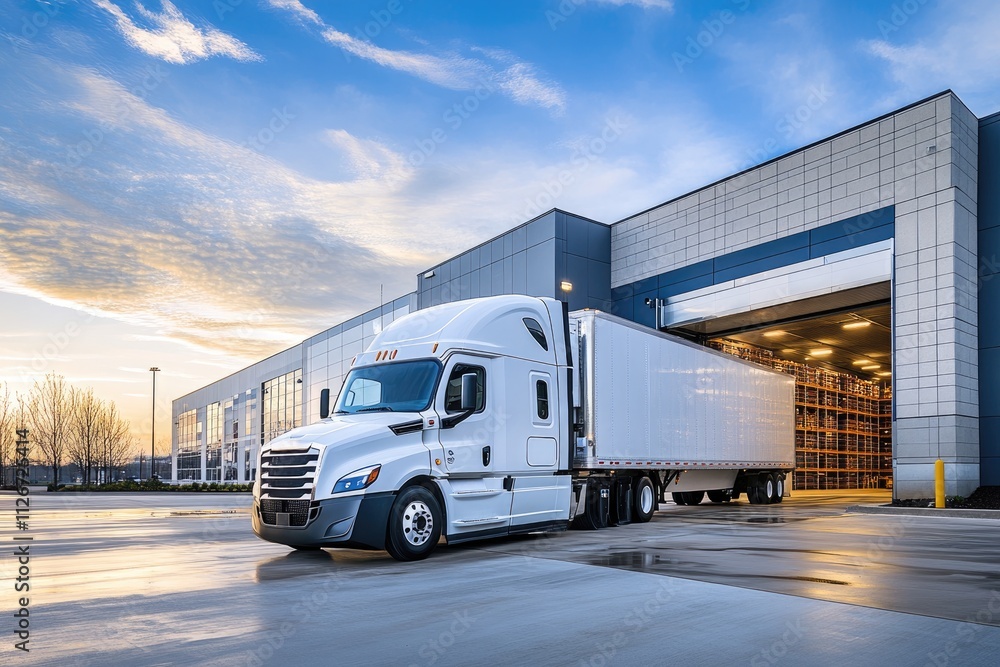 White freightliner cascadia semi-truck parked at distribution center ...