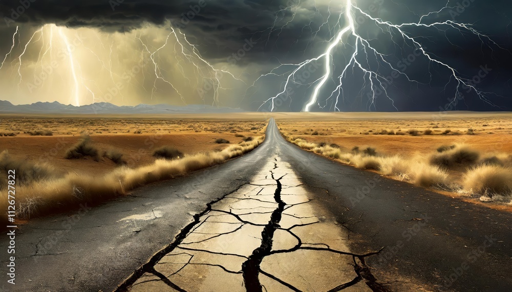 Cracked Stormy Highway in a Deserted Desert A Digital Illustration ...