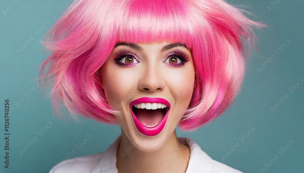 Vibrant Woman with Pink Wig Expressing Emotion with Wide Open Mouth and ...