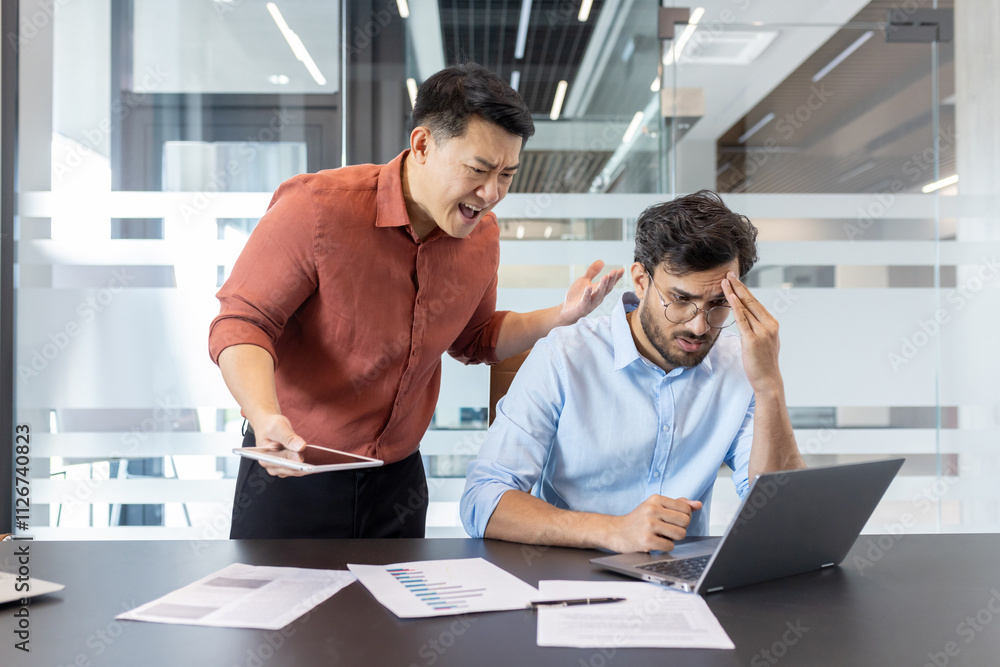A business scenario depicting an angry boss confronting a stressed employee in a modern office ...