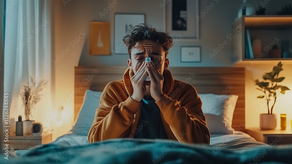 15. A person using a medicated nasal spray to relieve congestion in a ...