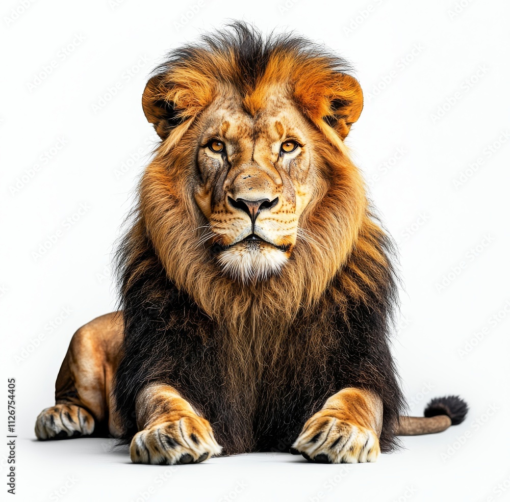 An isolated image of a male lion lying down on a transparent or white ...