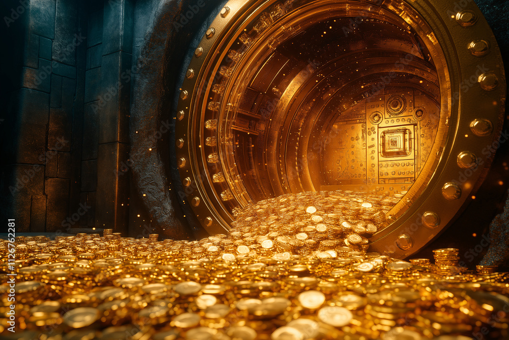 Golden vault door opened revealing treasure underground bank photo ...