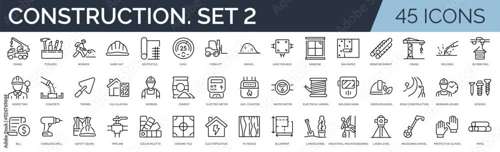 Set of 45 outline icons related to construction. Second set. Linear ...