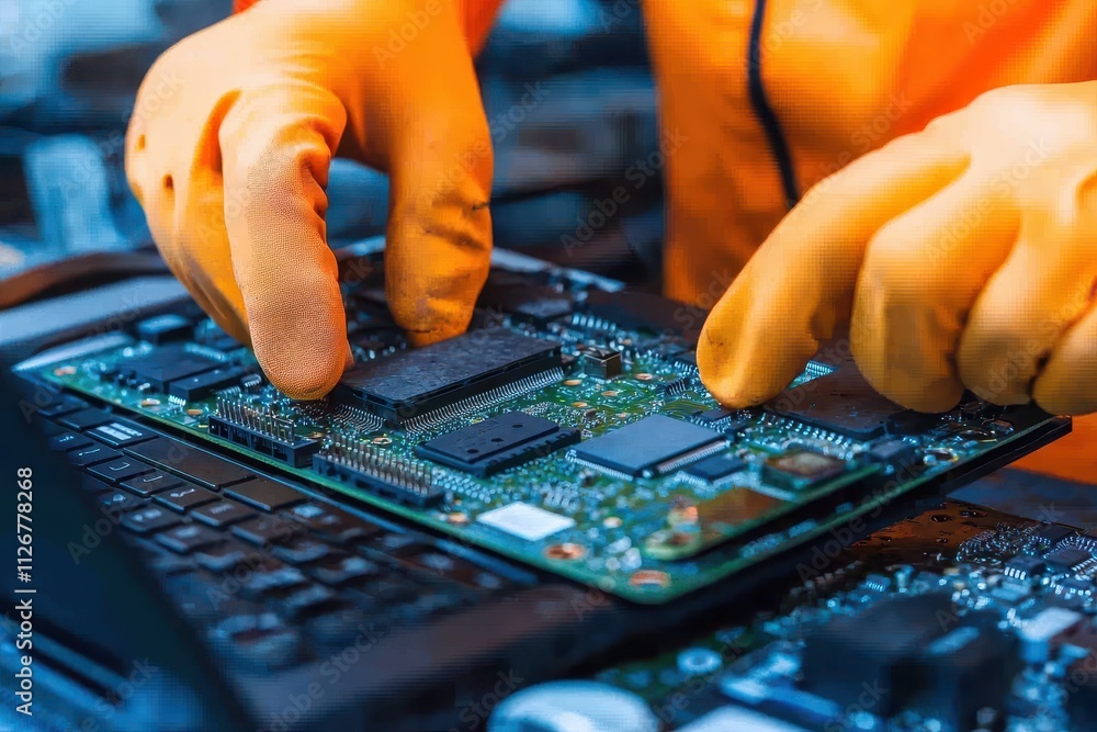 Foto de Stock Technician disassembling an old laptop, carefully ...