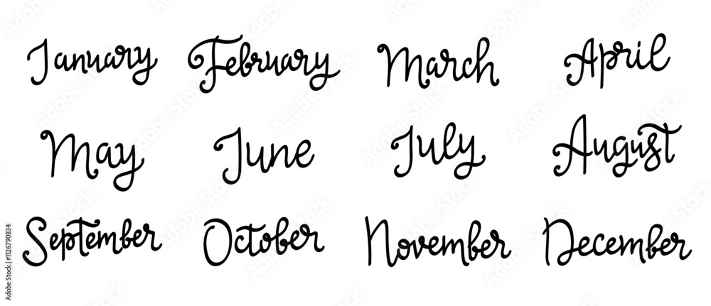 Handwritten names of months of the year. Calligraphy words, lettering ...