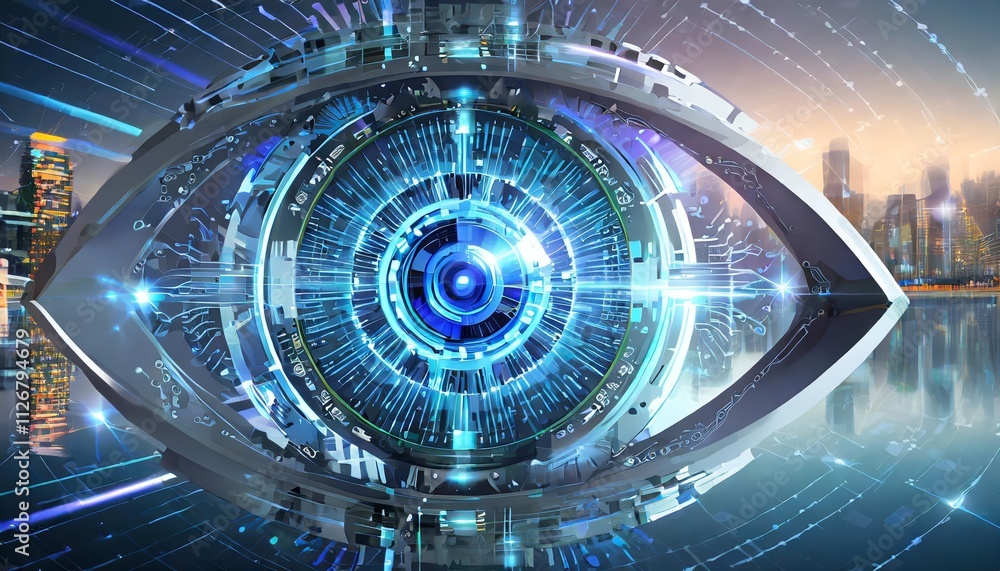 Futuristic Robot Eye Technology Featuring a Striking Blue Digital Iris ...