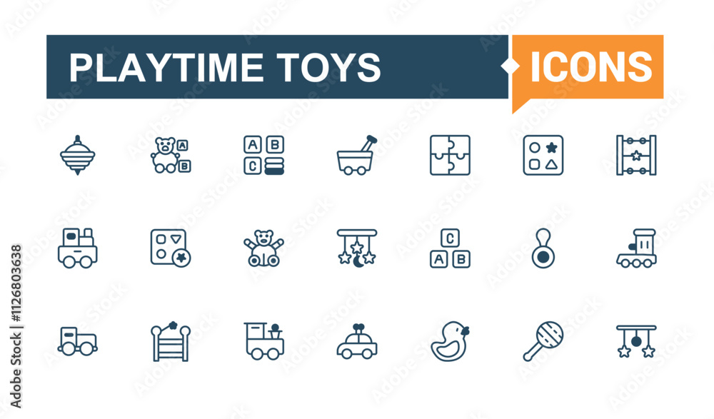 Playtime Toys icons in linear style. Includes icons for balloon, robot ...